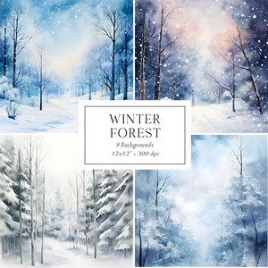 Winter Digital Papers Watercolor, Winter Forest Papers, Commercial Use ...