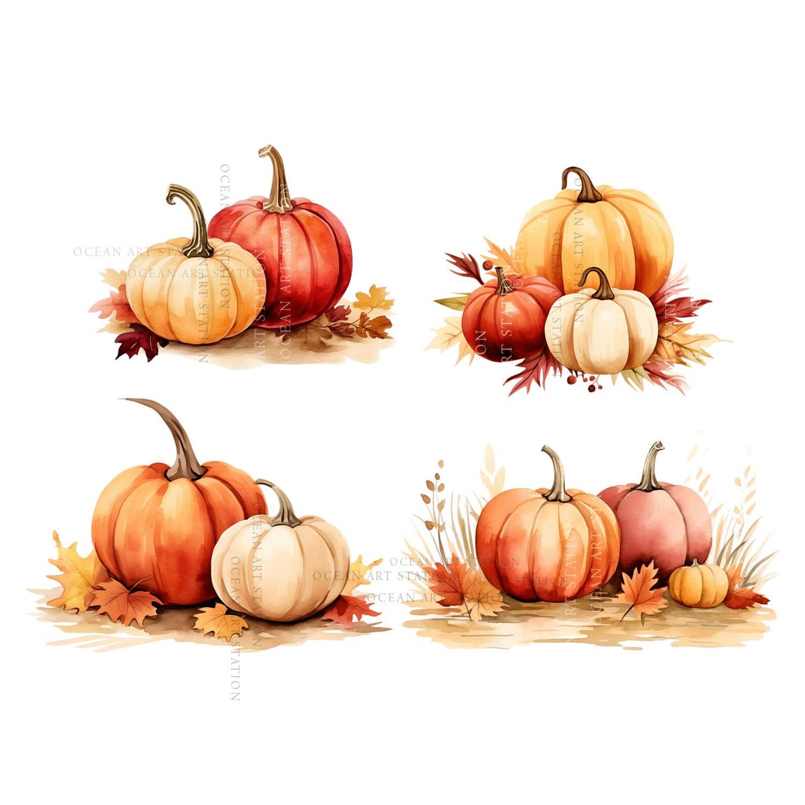Pumpkins Clipart Watercolor, Fall Forest Clipart, Autumn Clipart, Fall ...