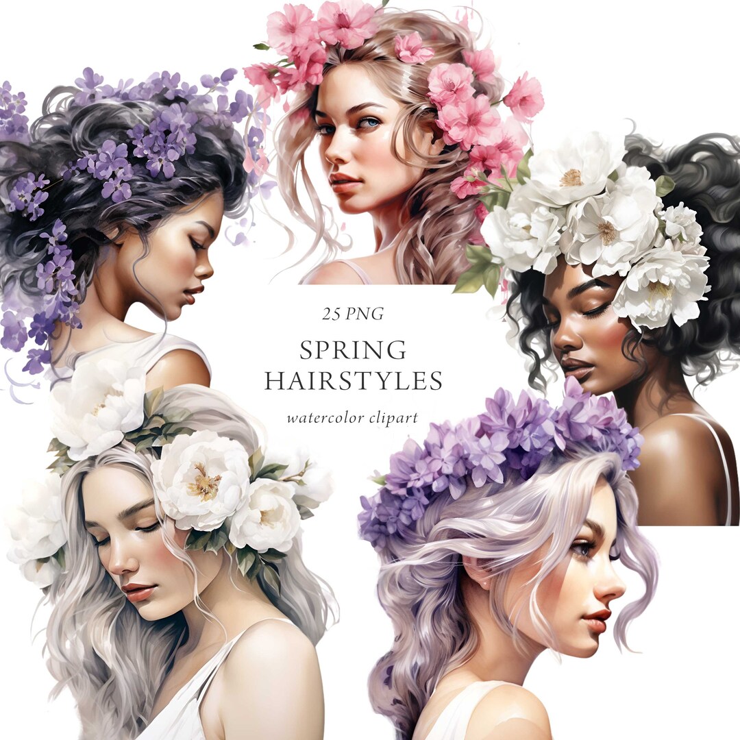 Spring Fashion Clipart Watercolor, Hairstyles Clipart, Floral Hair ...