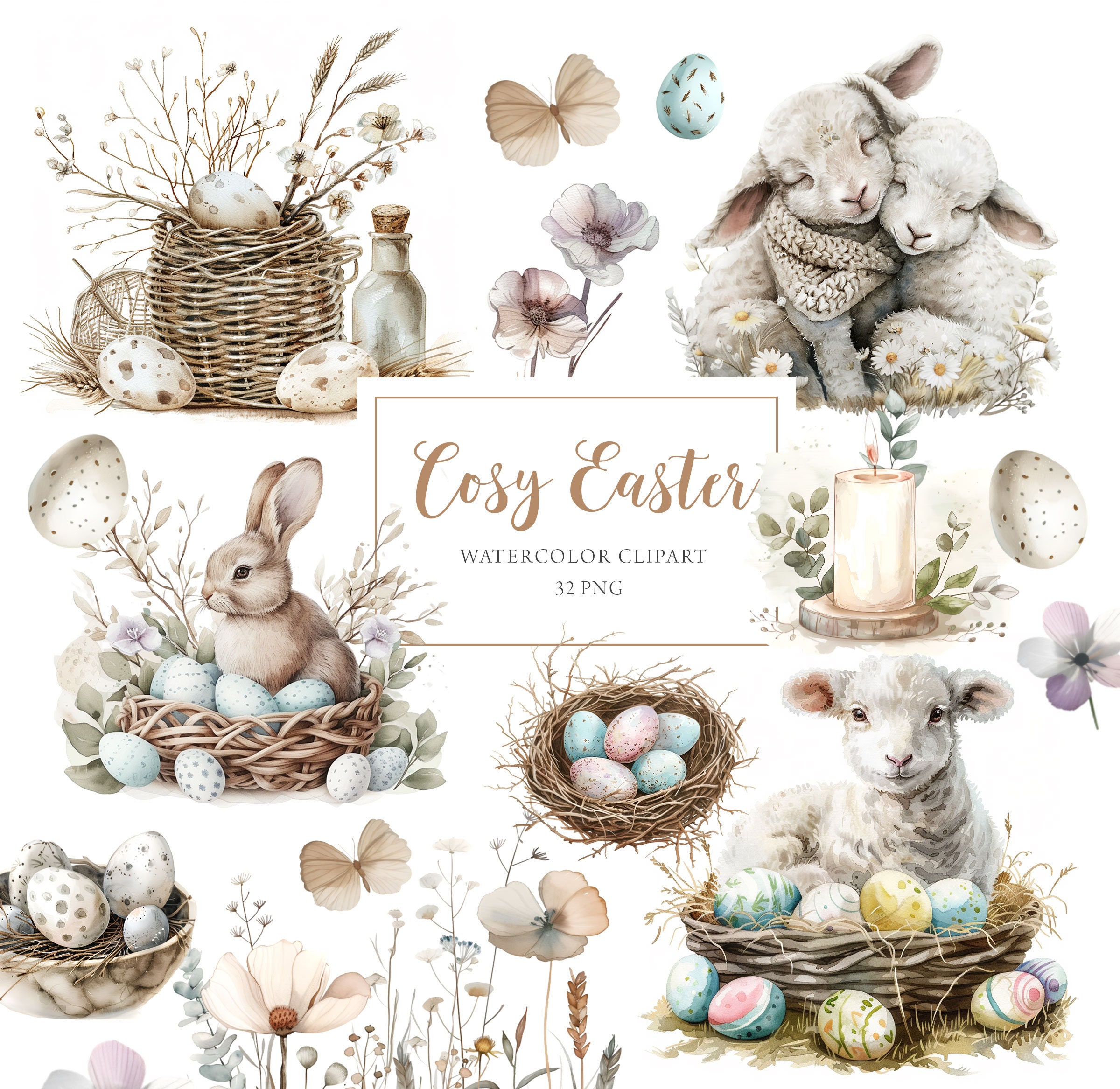 Boho Easter Clipart Watercolor, Neutral Easter Clipart, Easter Eggs ...