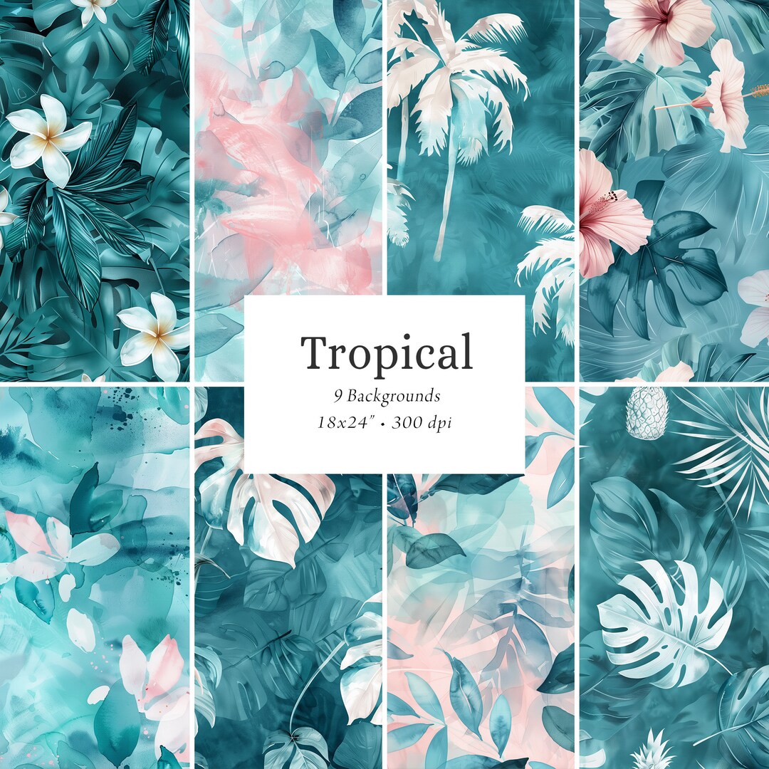 Tropical Digital Papers, Tropical Seamless Patterns, Teal Floral ...
