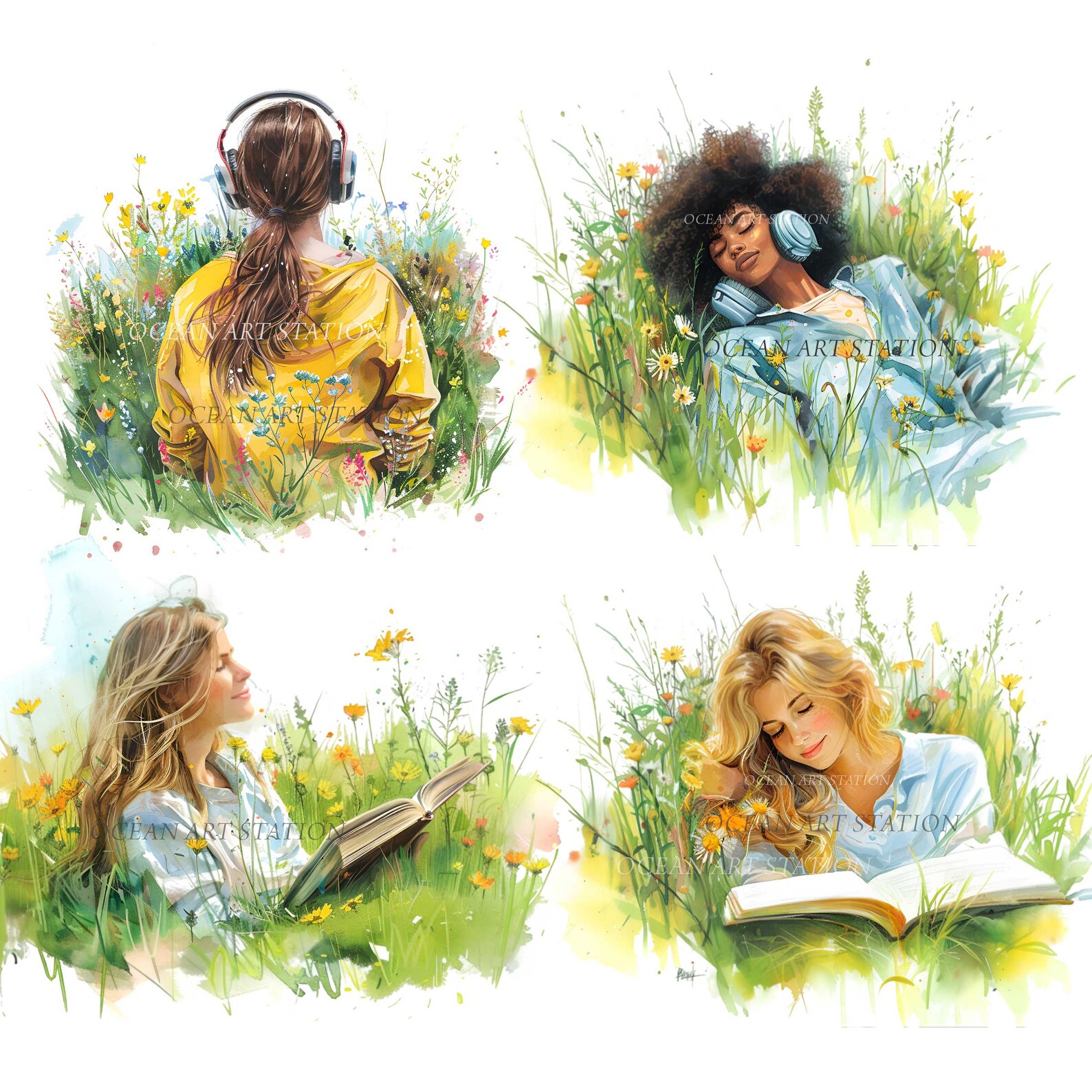 Spring Girls Clipart, Spring Clipart Watercolor, Girls and Wildflowers ...