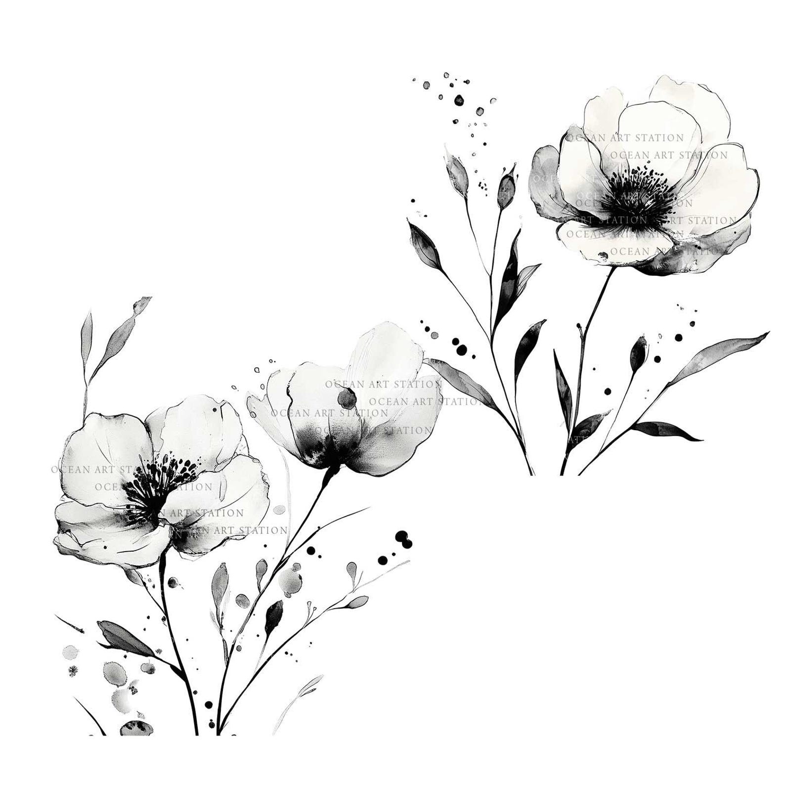 Black and White Floral Clipart, Black and White Flowers Clipart ...