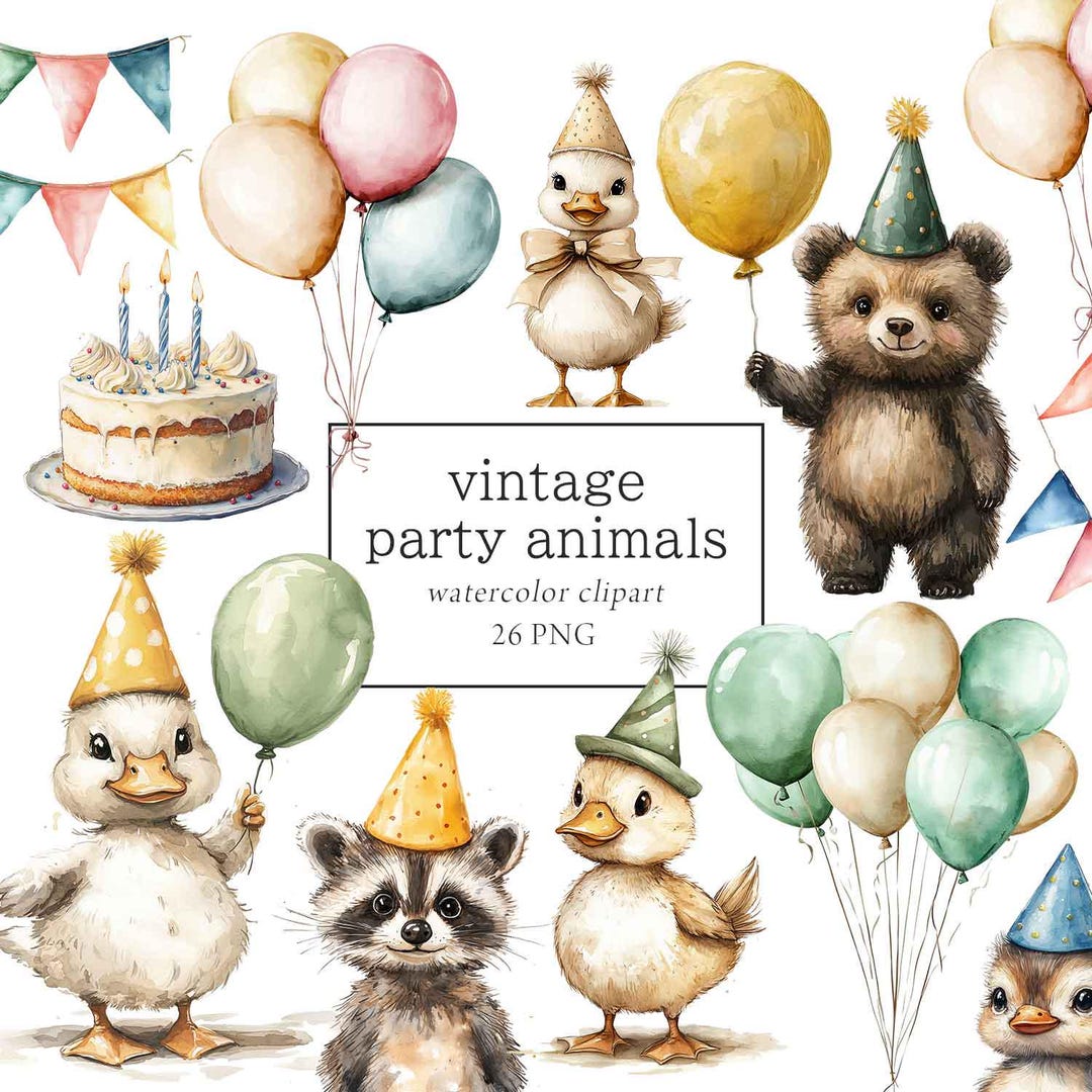 Party Animals Clipart, Safari Animals Clipart, Cute Birthday Animals ...