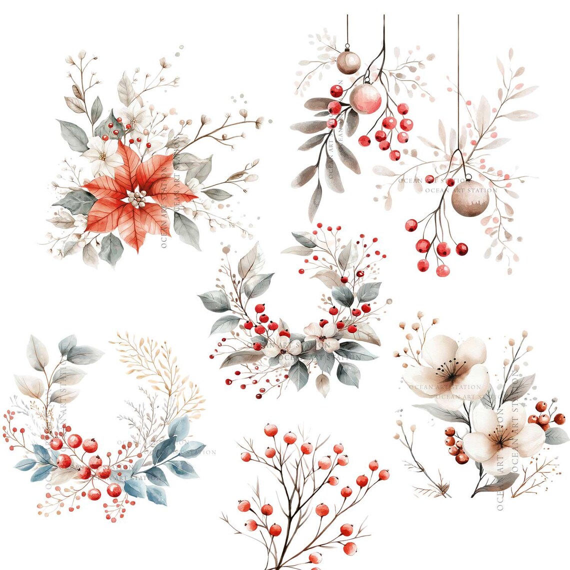 Winter Floral Clipart, Christmas Flowers, Christmas Bouquets, Elegant ...