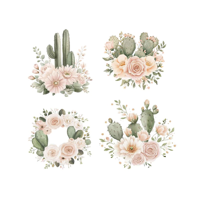 Cactus Floral Clipart, Boho Flowers Clipart, Desert Flowers Clipart ...