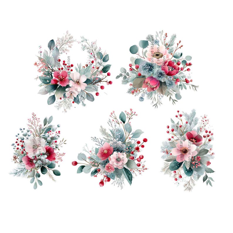 Winter Flowers Clipart, Christmas Floral Bouquets, Elegant Winter ...