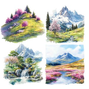 Spring Mountain Clipart Watercolor, Spring Landscape Png, Spring Forest ...