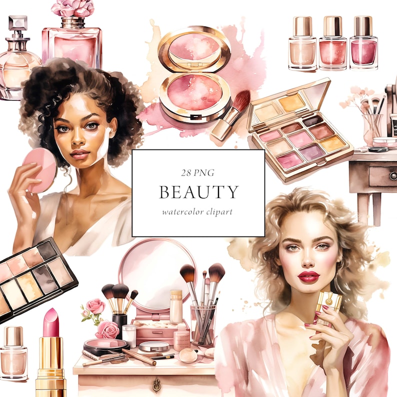 Make up Clipart Watercolor, Pink Cosmetics Clipart, Commercial Use ...