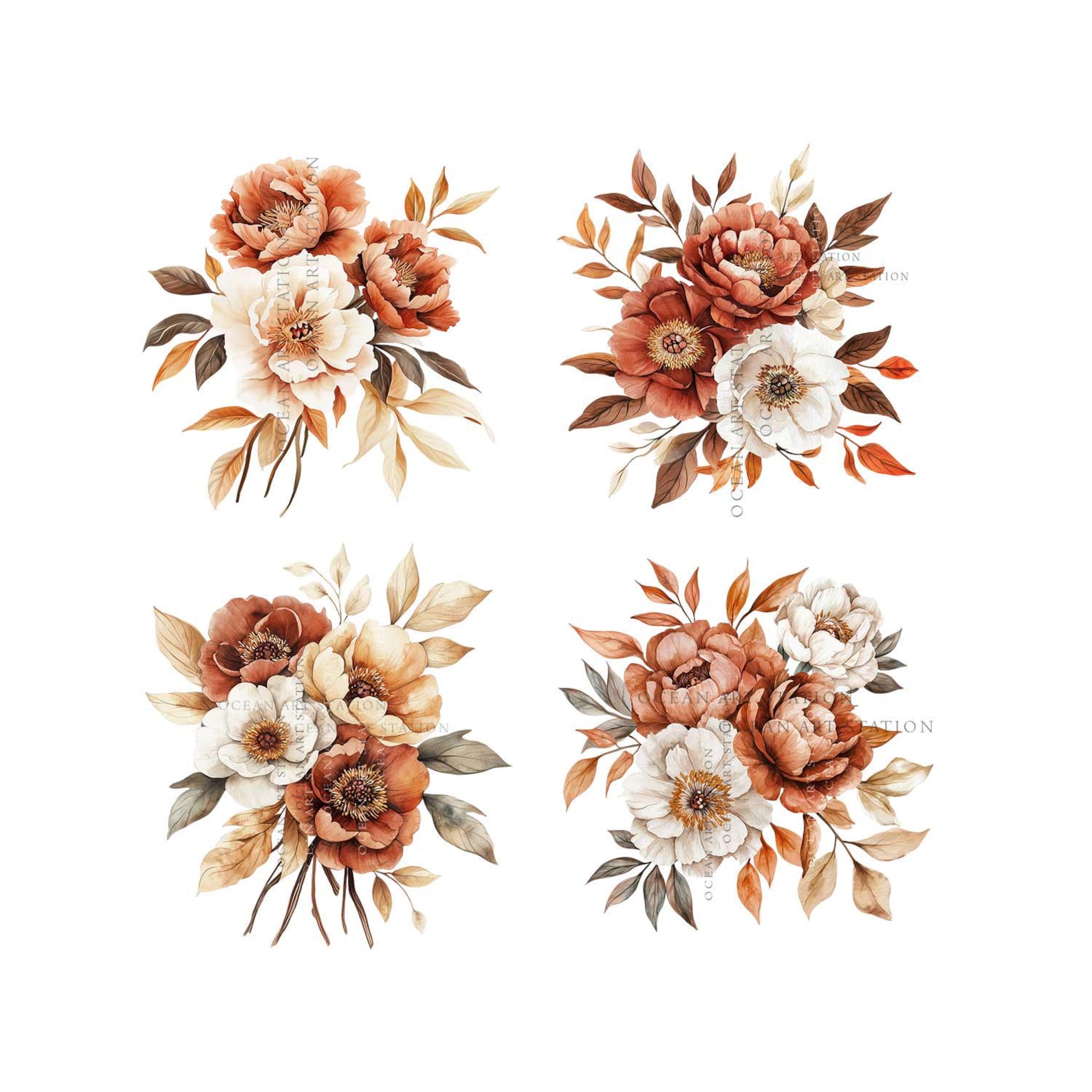 Terracotta Flowers Clipart, Terracotta Bouquets, Boho Fall Flowers ...