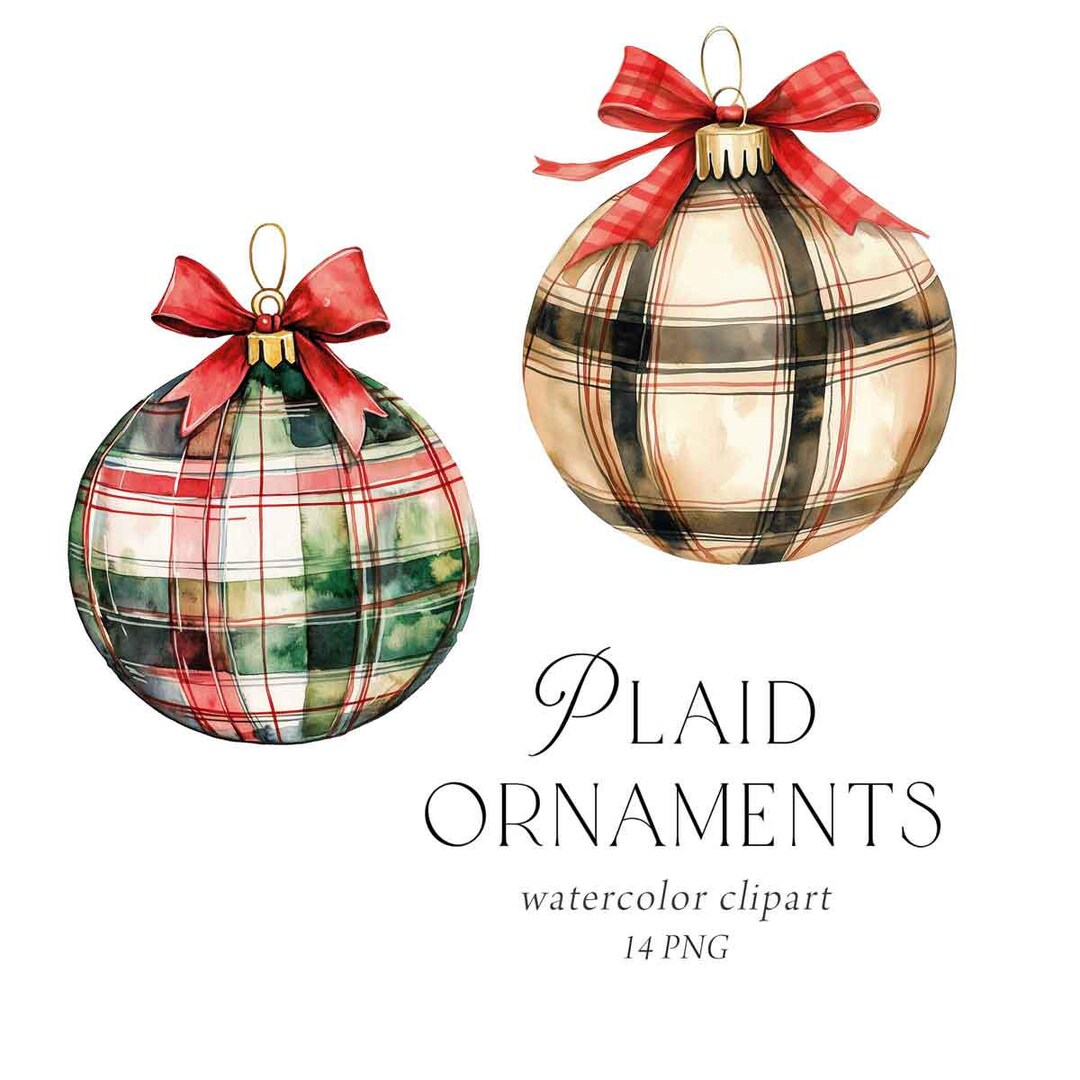 Boho Christmas Ornaments Clipart Watercolor, Plaid Christmas Ornaments ...