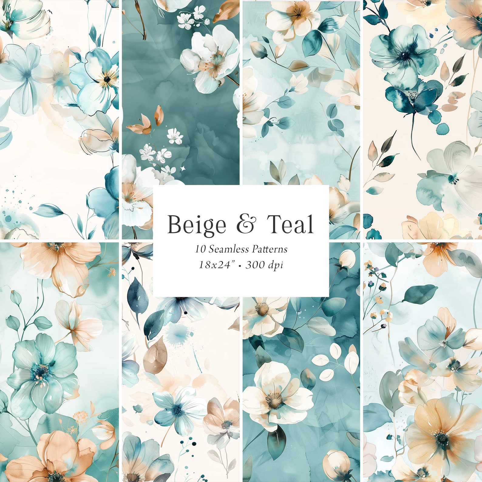 Teal Seamless Patterns, Teal Floral Digital Papers, Botanical Seamless ...