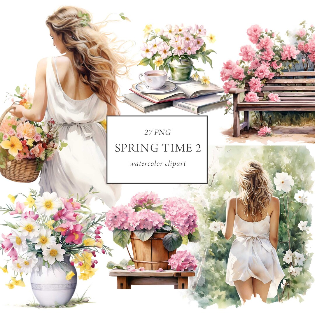 Spring Clipart Watercolor, Spring Girls Clipart, Spring Bouquets ...