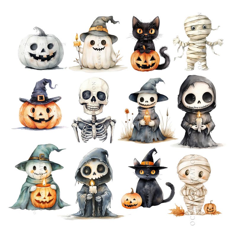 Cute Halloween Clipart Watercolor, Cute Ghosts, Neutral Halloween ...