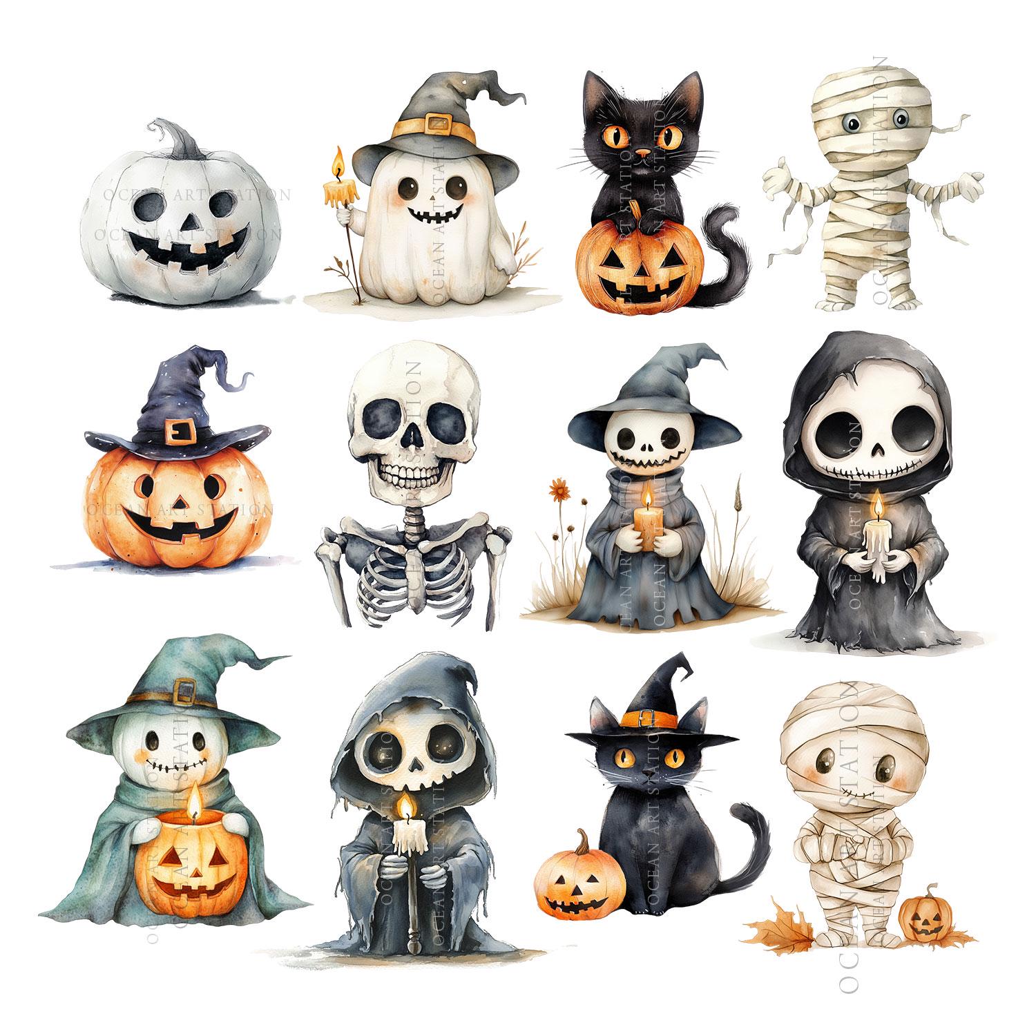 Cute Halloween Clipart Watercolor, Cute Ghosts, Neutral Halloween ...