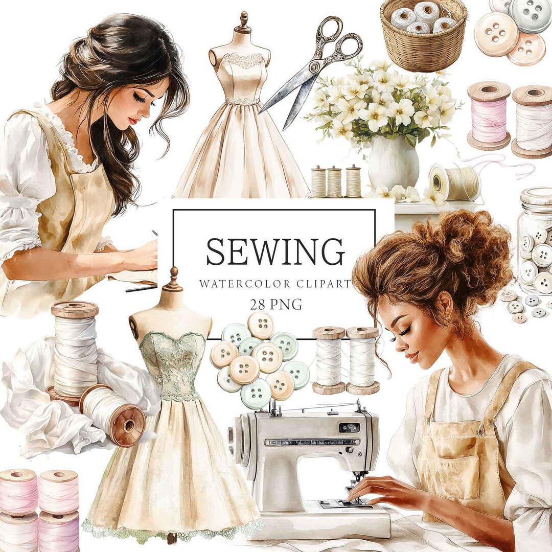 Sewing Clipart, Sewing Supplies Clipart, Sewing Machine, Neutral Sewing ...