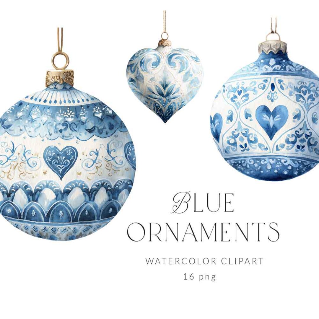 Blue Christmas Ornaments Clipart Watercolor, Boho Christmas Ornaments ...