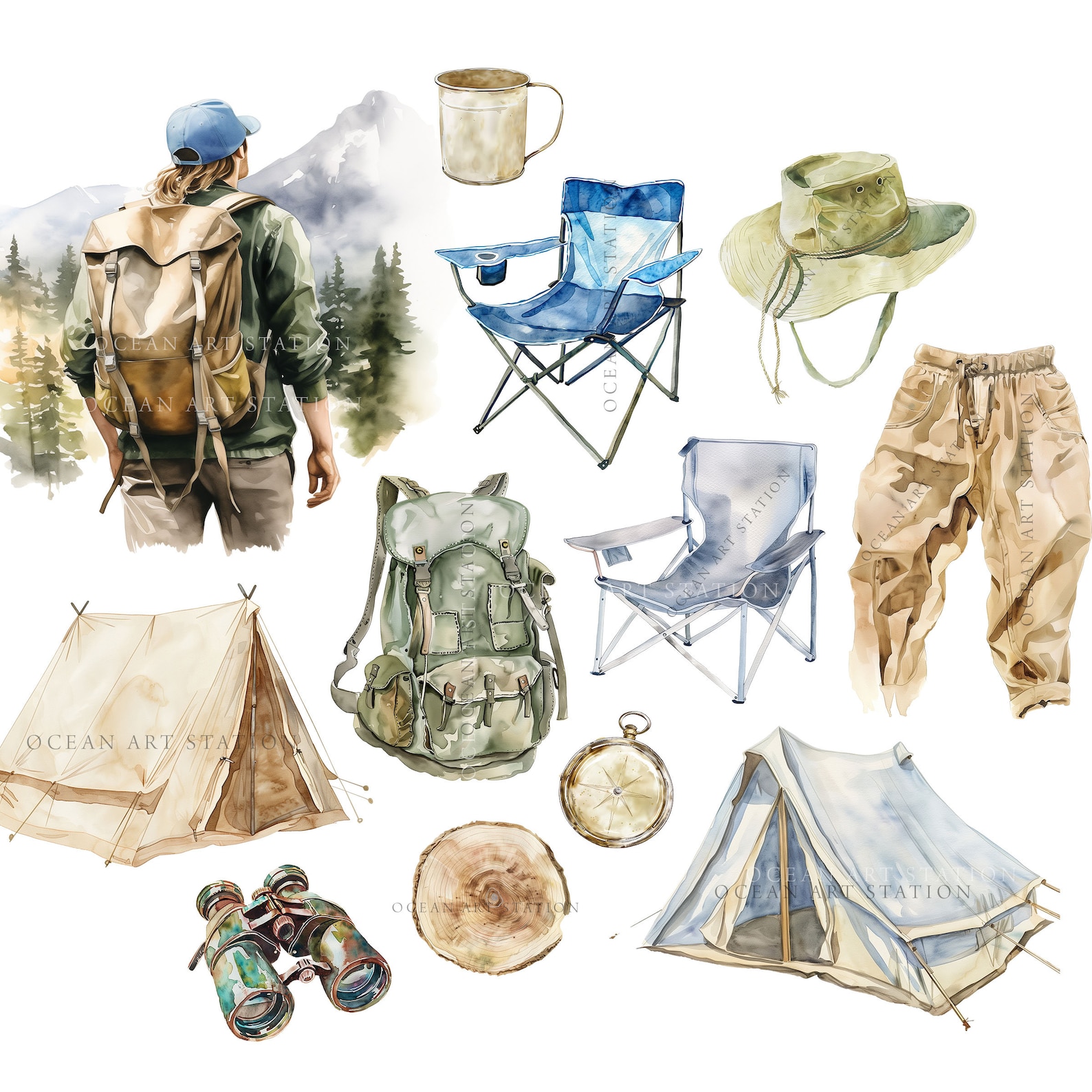 Camping Clipart, Hiking Clipart Watercolor, Mountain Adventure Clipart ...