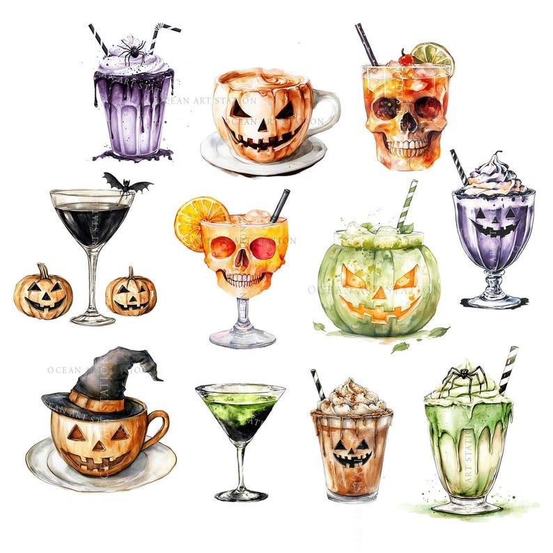 Halloween Cocktails Clipart Watercolor, Halloween Drinks Clipart ...