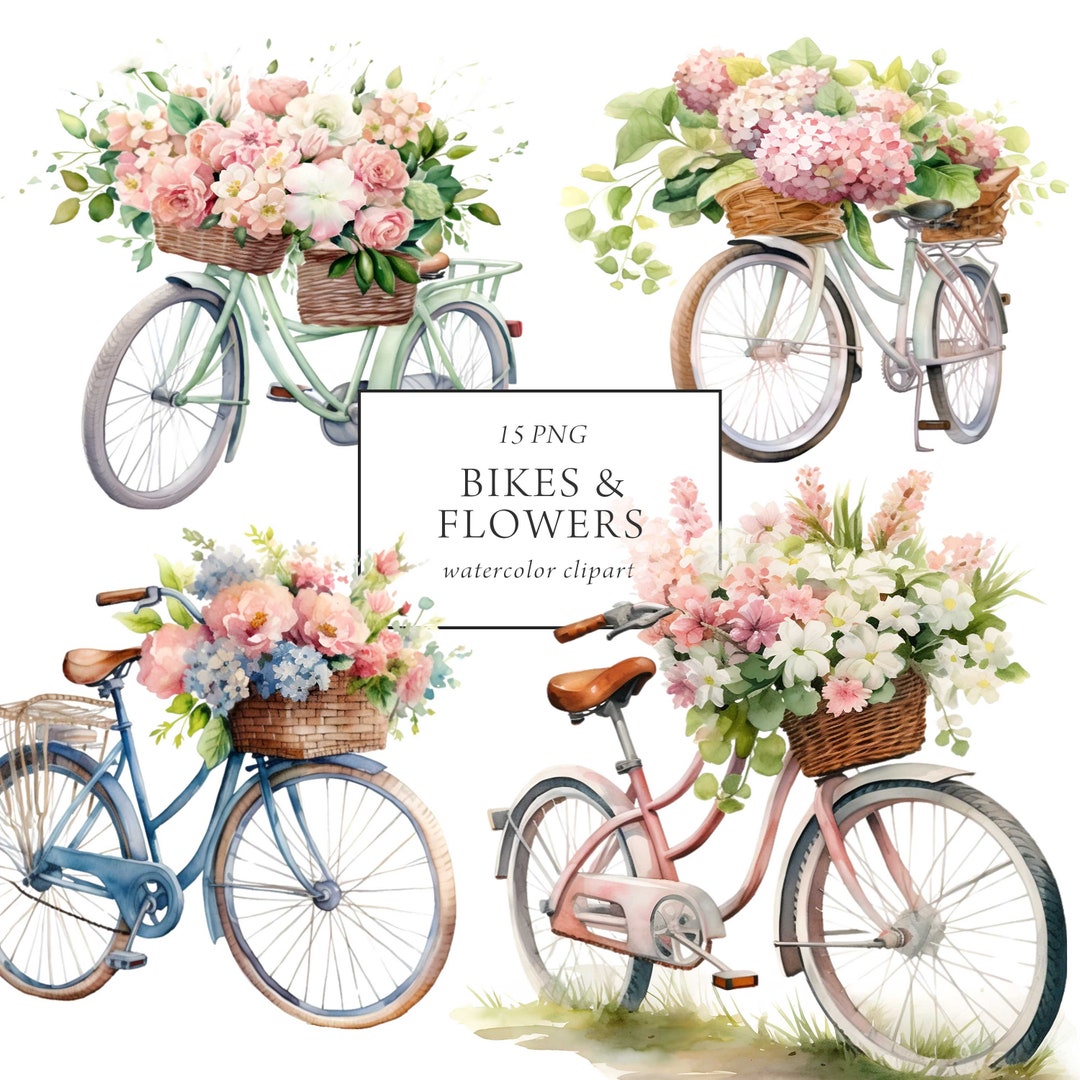 Bike With Flowers Clipart, Bycicle Clipart Watercolor, Bycicle Graphics ...
