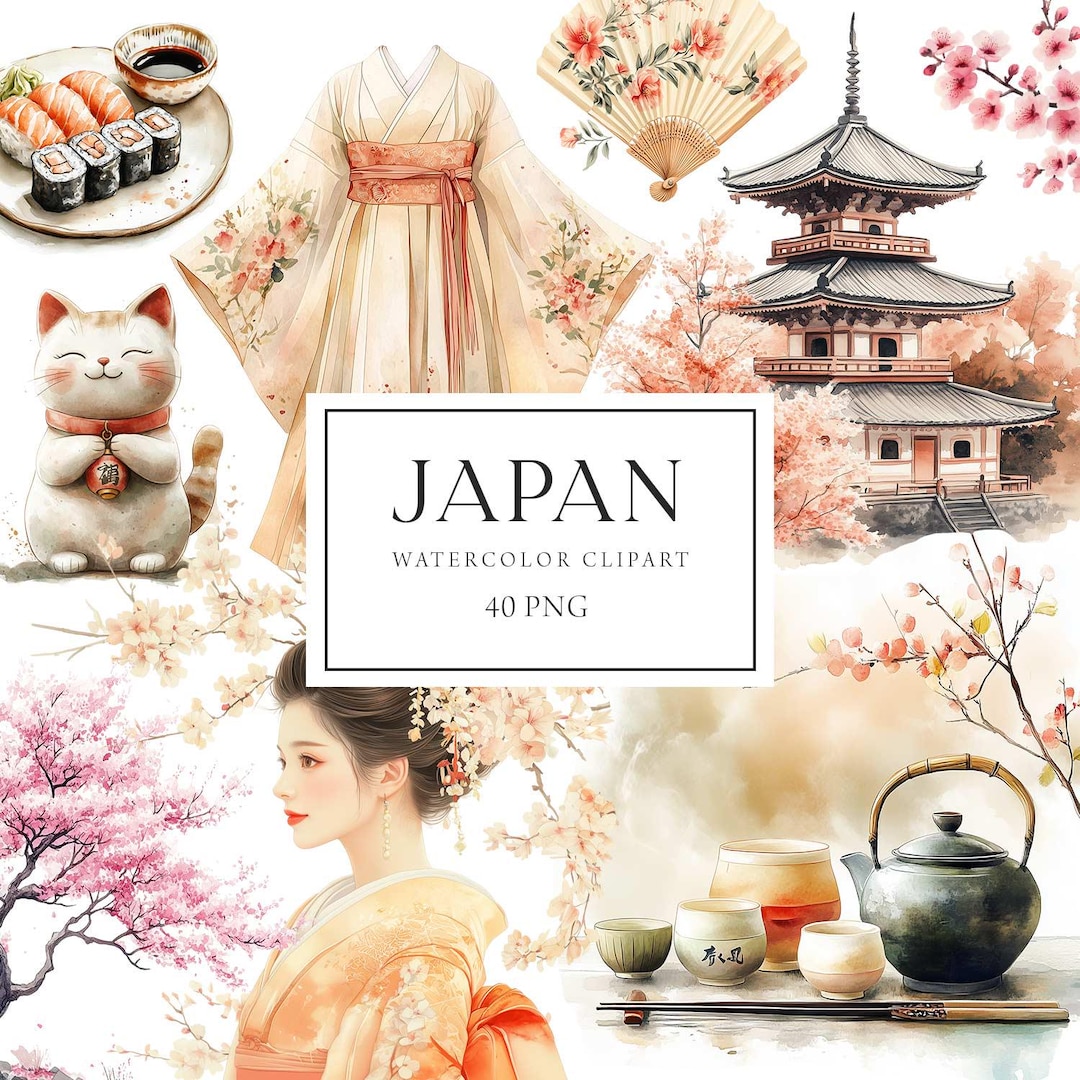Japan Clipart Watercolor, Japanese Clipart, Geisha, Japan Landmarks ...