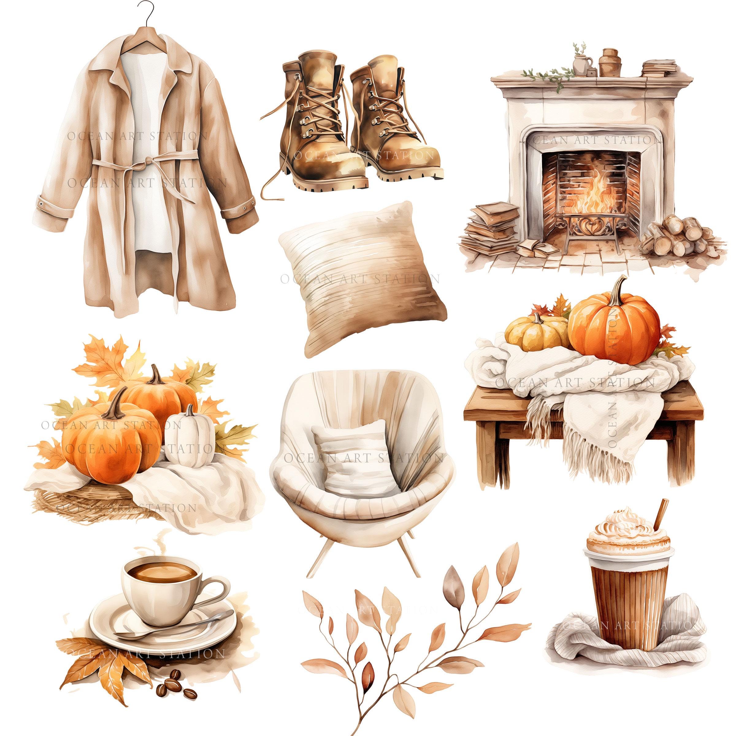 Cozy Fall Clipart, Fall Clipart Watercolor, Cozy Home, Cosy Autumn ...
