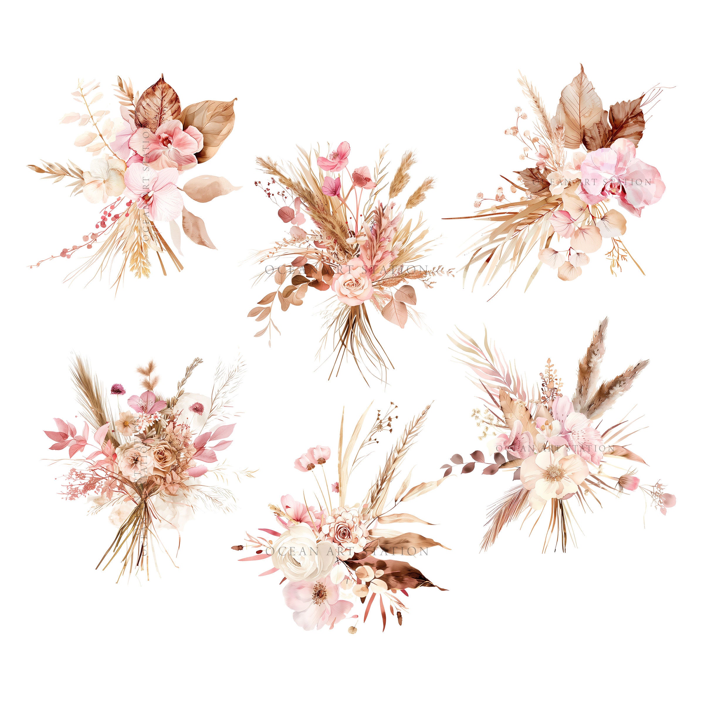 Boho Floral Clipart, Bohemian Flowers Clipart, Boho Pink Bouquets ...