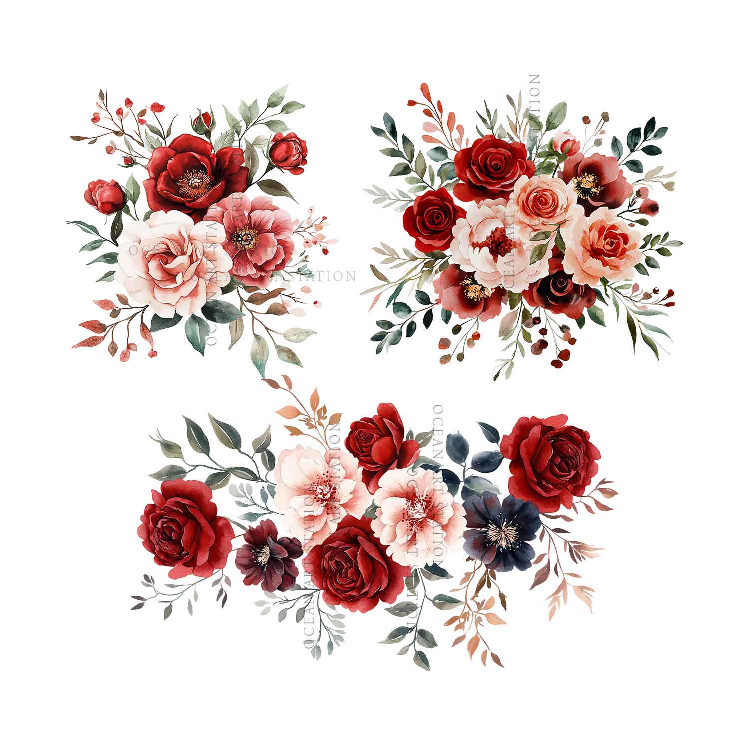 Red Floral Clipart, Red and Pink Bouquets, Boho Red Wedding Clipart ...