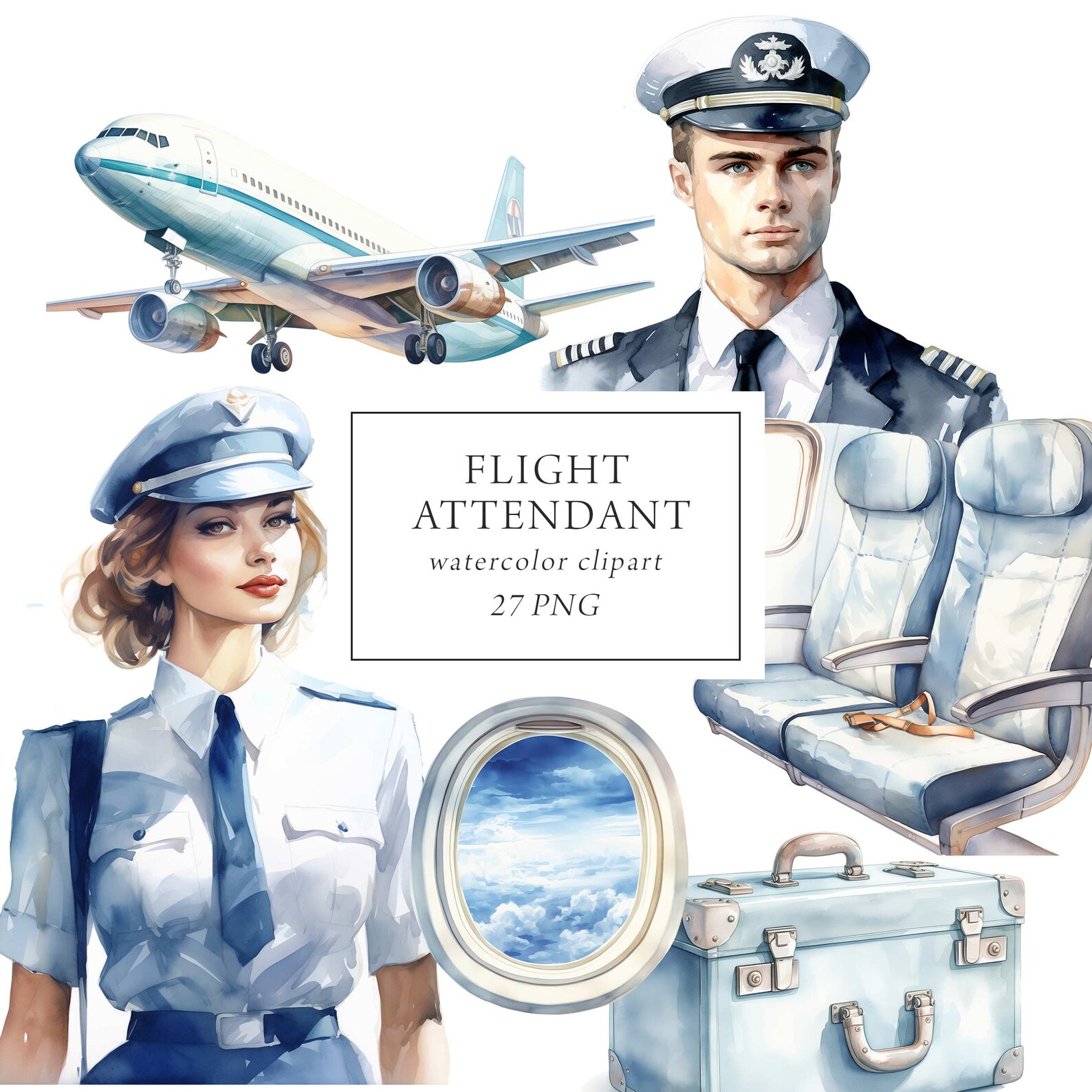 Flight Attendant Clipart Watercolor, Aviation Airplane Clipart, Pilot ...