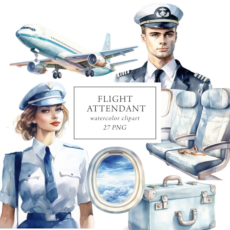 Flight Attendant Clipart Watercolor, Aviation Airplane Clipart, Pilot ...