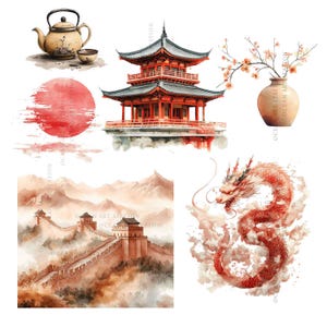 China Clipart Watercolor, Chinese Clipart, China Landmarks, China ...
