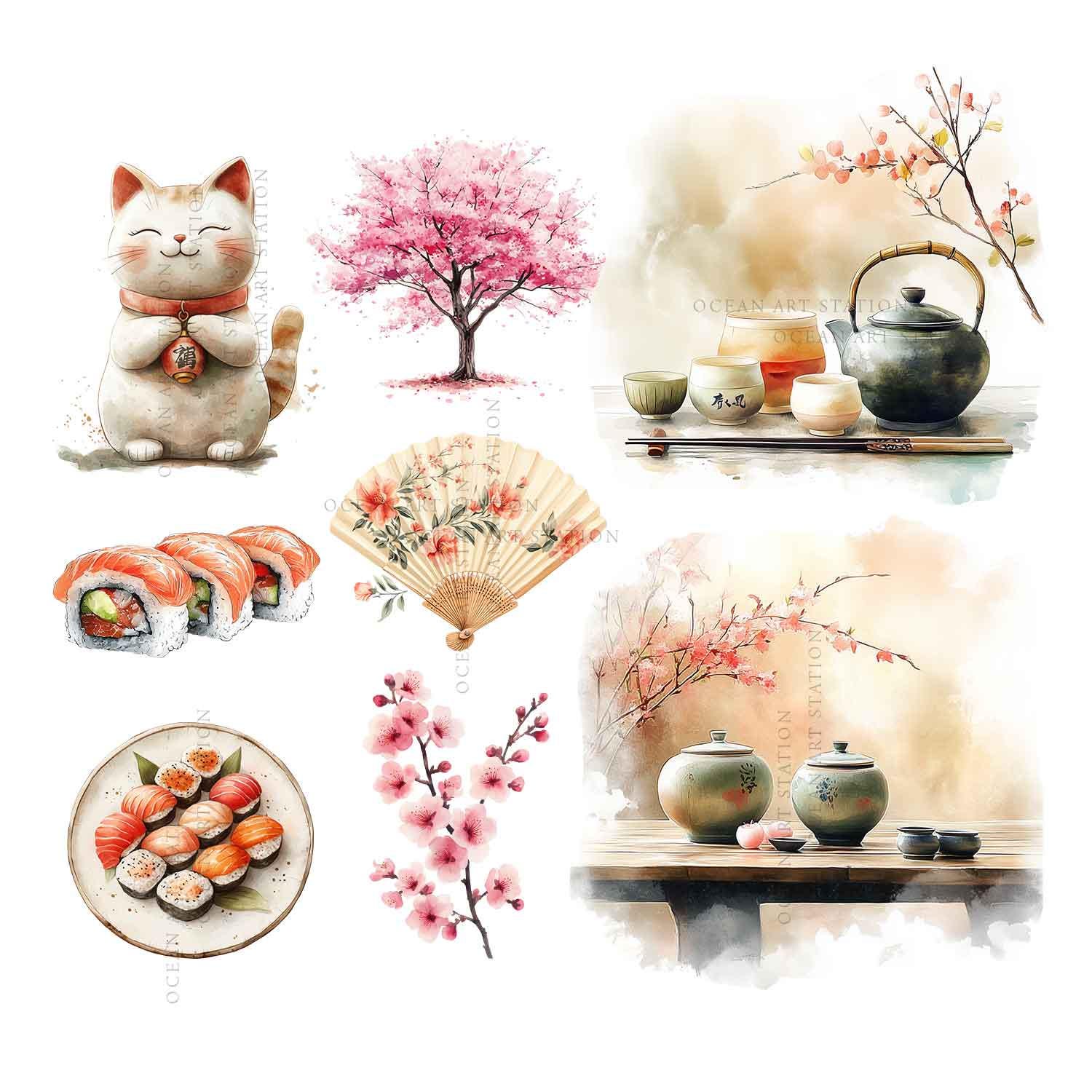 Japan Clipart Watercolor, Japanese Clipart, Geisha, Japan Landmarks ...