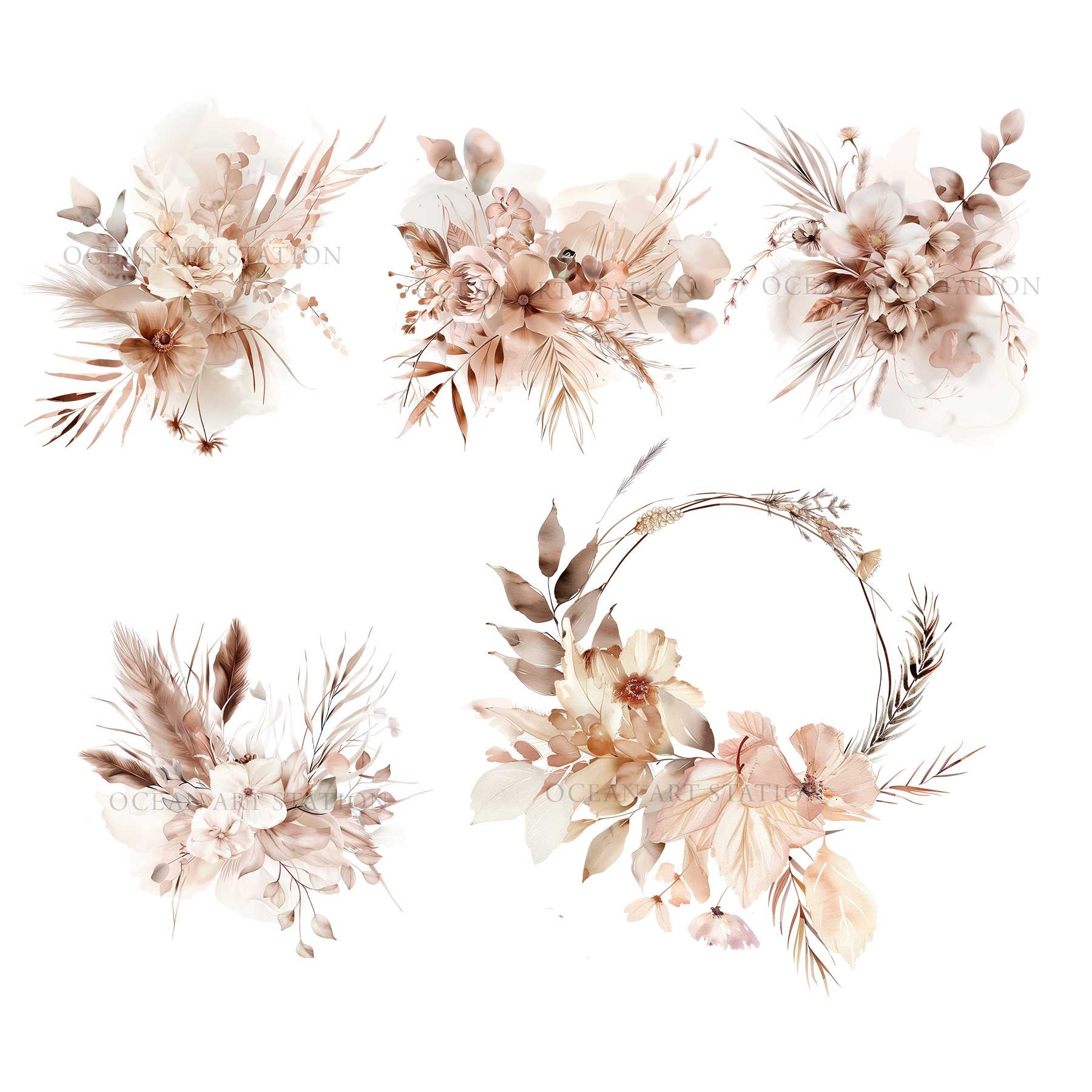 Neutral Floral Clipart, Neutral Bouquets Clipart, Beige Floral Clipart ...