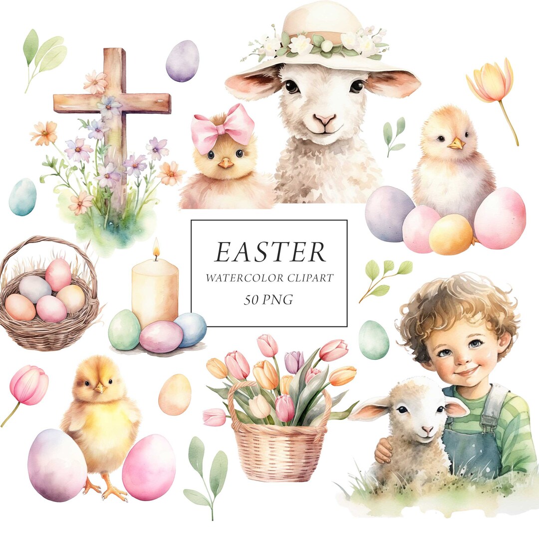 Pastel Easter Clipart Watercolor, Cute Easter Clipart, Kids Easter ...