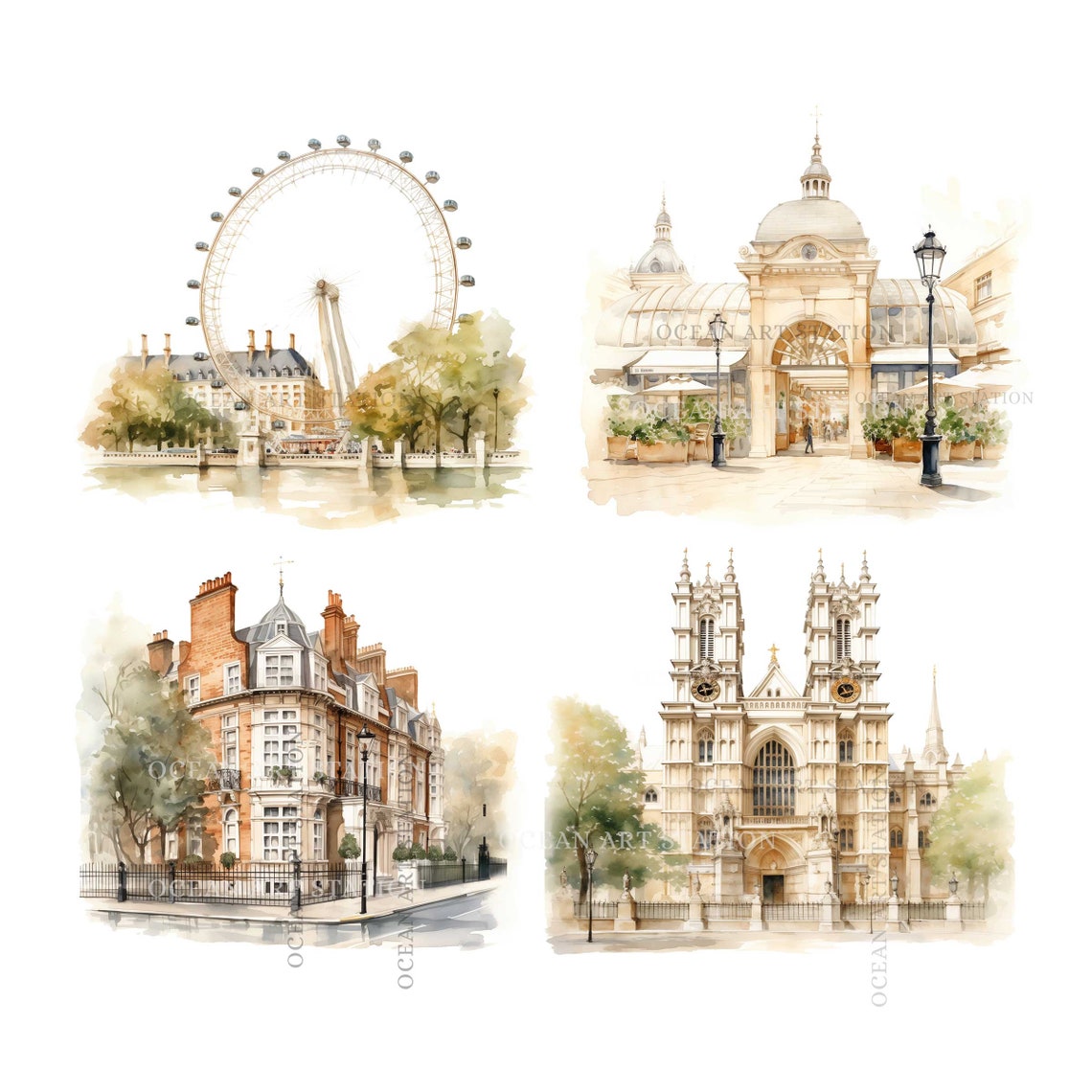 London Clipart, Big Ben Tower Bridge, London Watercolor Illustration ...