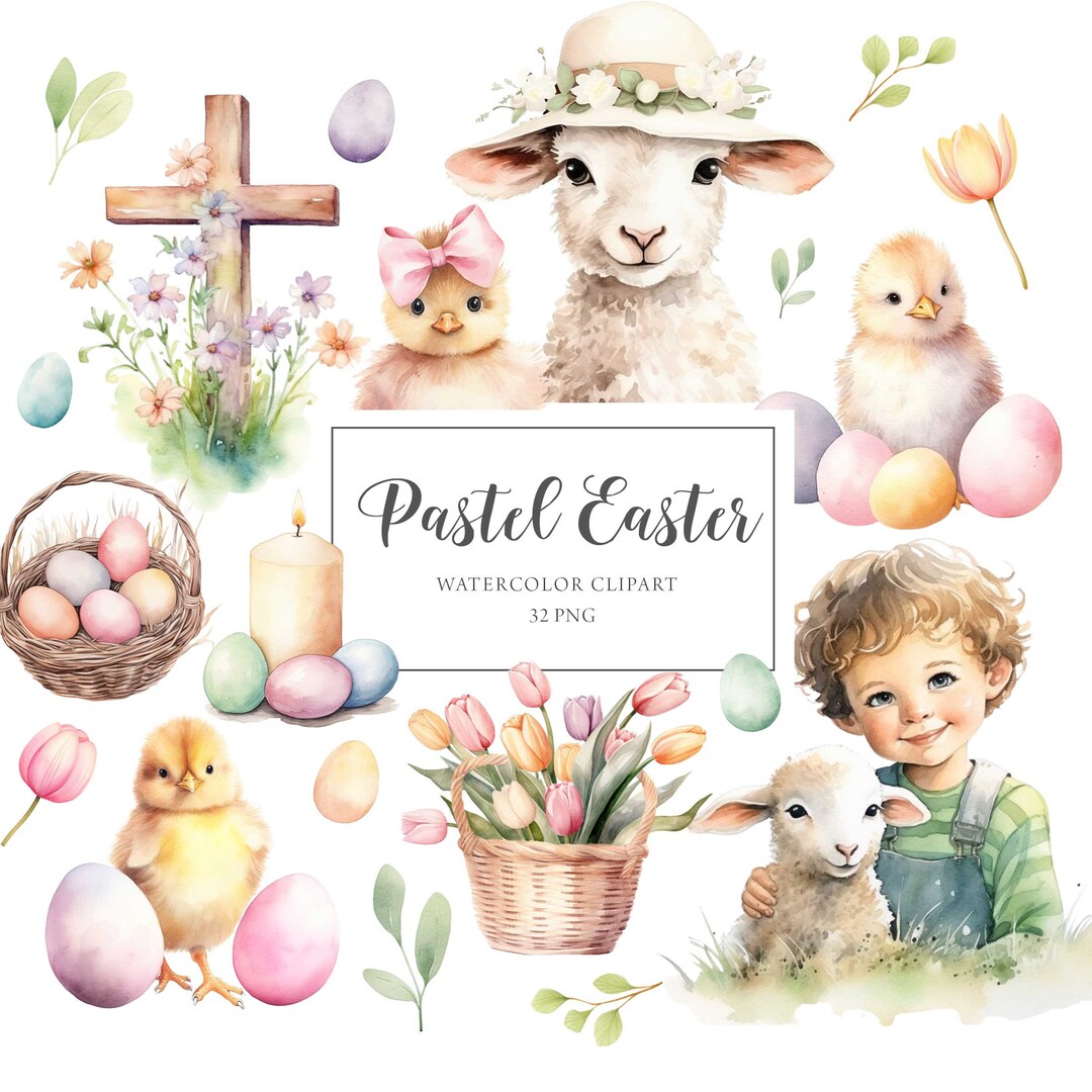 Pastel Easter Clipart Watercolor, Cute Easter Clipart, Kids Easter ...