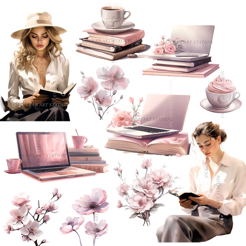 Book Lover Clipart, Bookworm, Coffee and Books, Reading Clipart, Pink ...