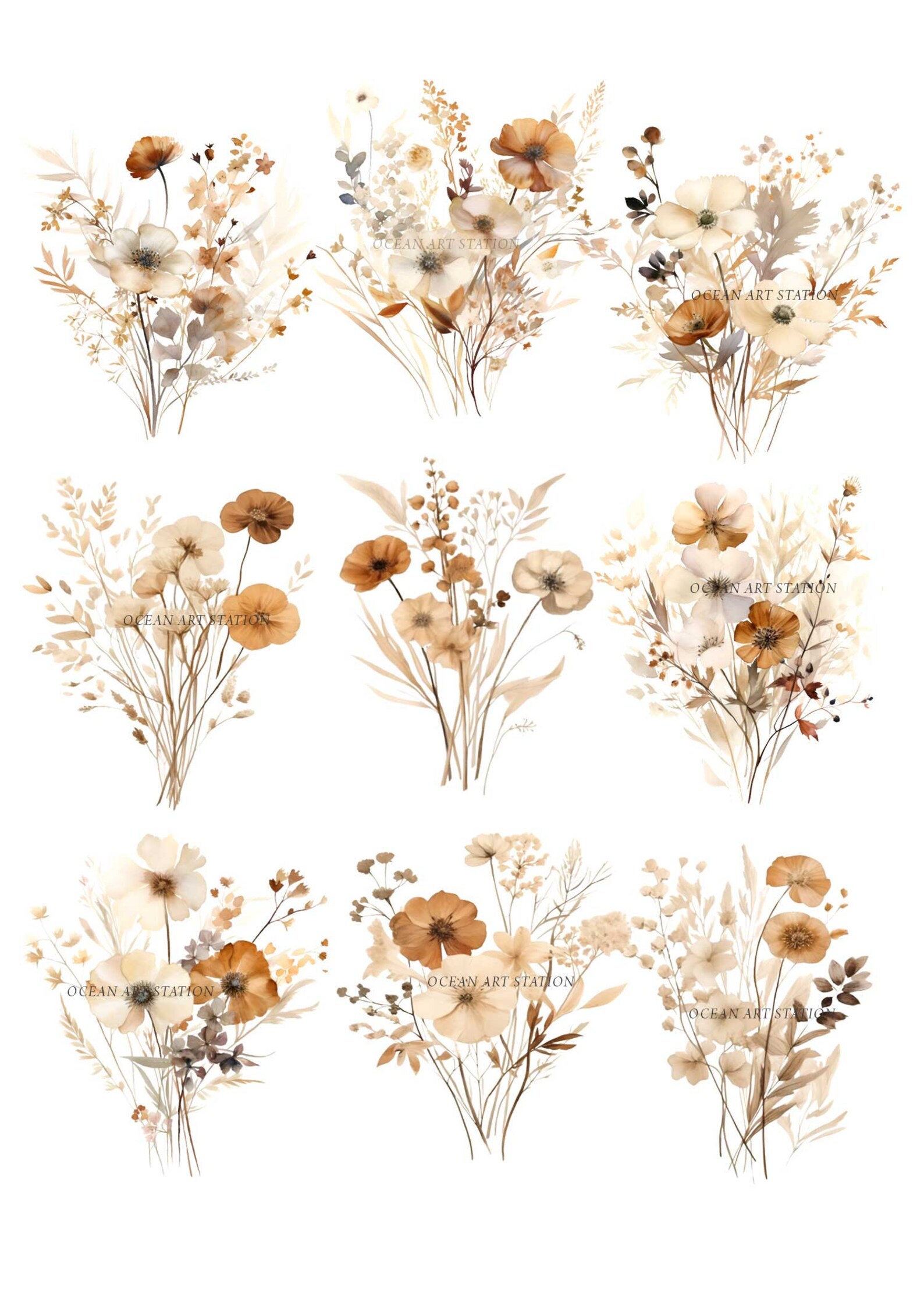 Neutral Floral Clipart, Wild Flower Clipart, Boho Wildflowers ...