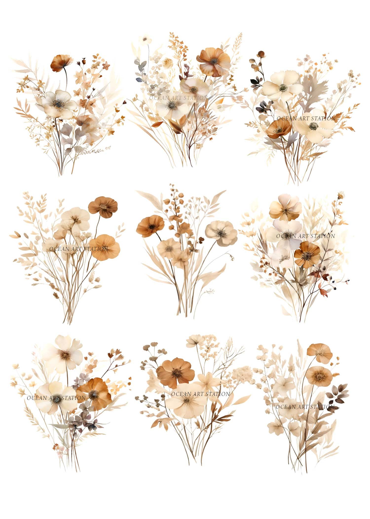 Neutral Floral Clipart, Wild Flower Clipart, Boho Wildflowers ...
