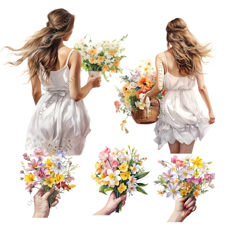 Spring Clipart Watercolor, Spring Girls Clipart, Spring Bouquets ...