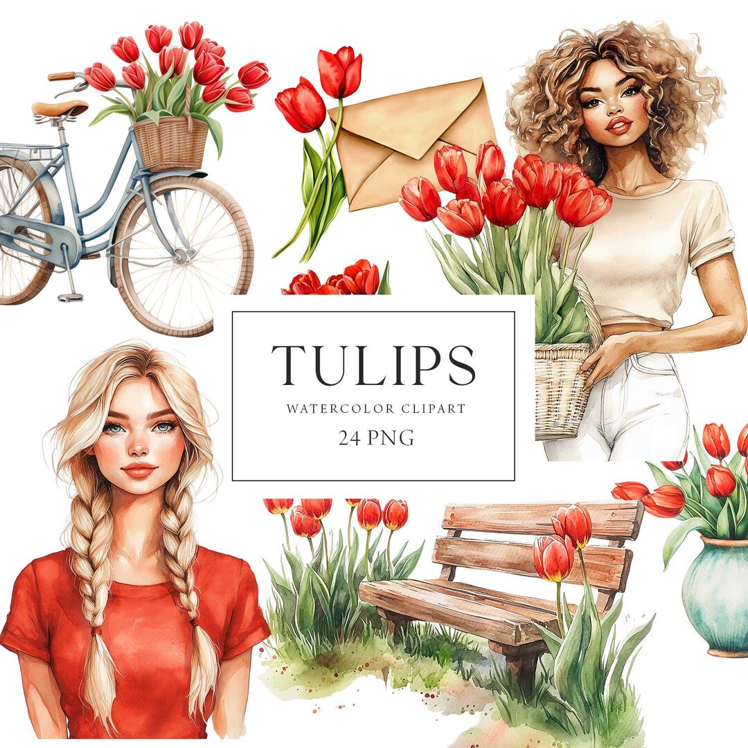 Spring Girl Clipart, Tulips Clipart, Girl With Flowers, Spring Bouquets ...