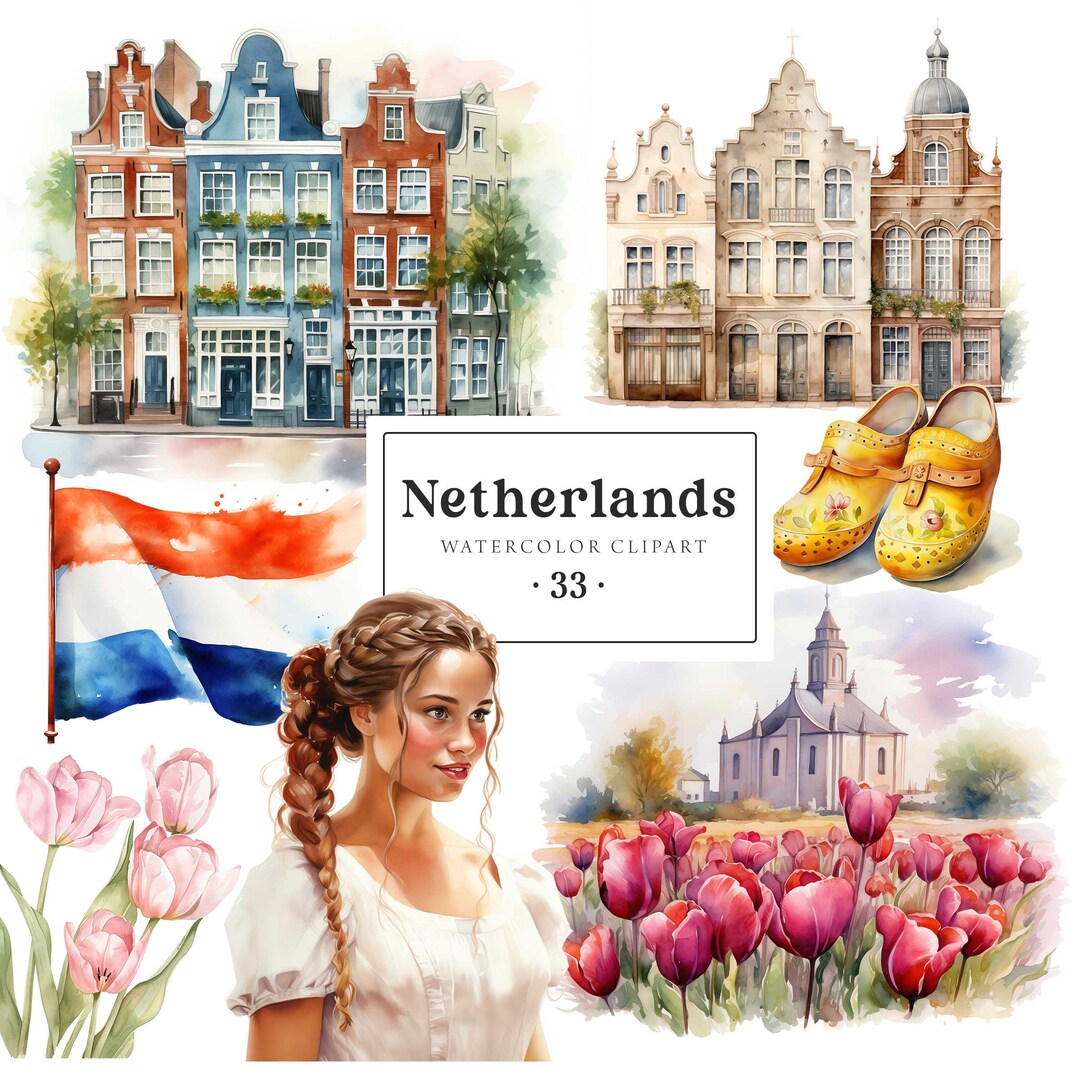 Netherlands Clipart, Dutch Watercolor Illustration, Amsterdam Clipart ...