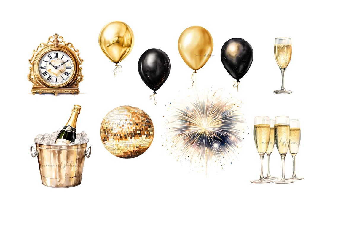 New Years Clipart Watercolor, Commercial Use, Black and Gold New Year ...