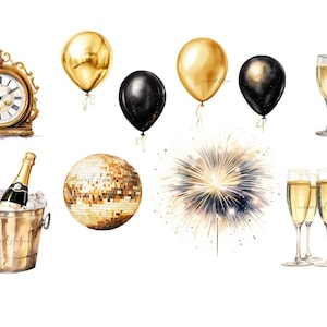 New Years Clipart Watercolor, Commercial Use, Black and Gold New Year ...