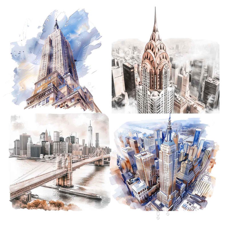 New York Clipart Watercolor, NYC Clipart, New York Buildings, Brooklyn ...