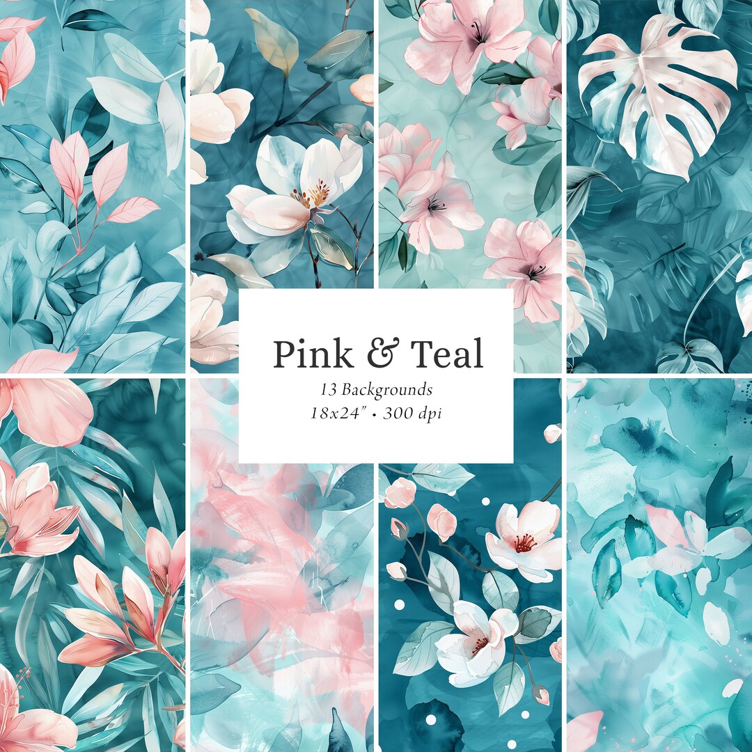 Teal Seamless Patterns, Teal Pink Digital Papers, Teal Floral Seamless ...