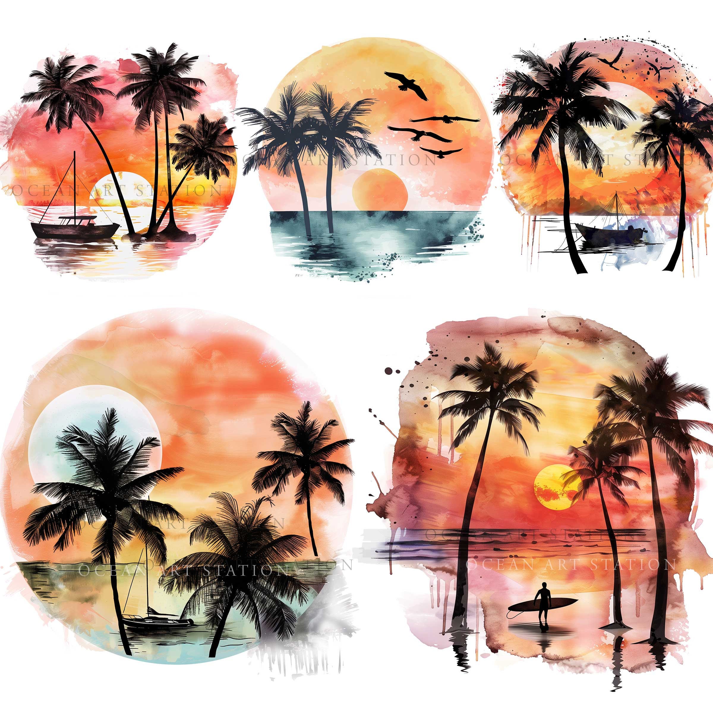Tropical Sunset Clipart, Tropical Beach Clipart, Exotic Island Beach ...