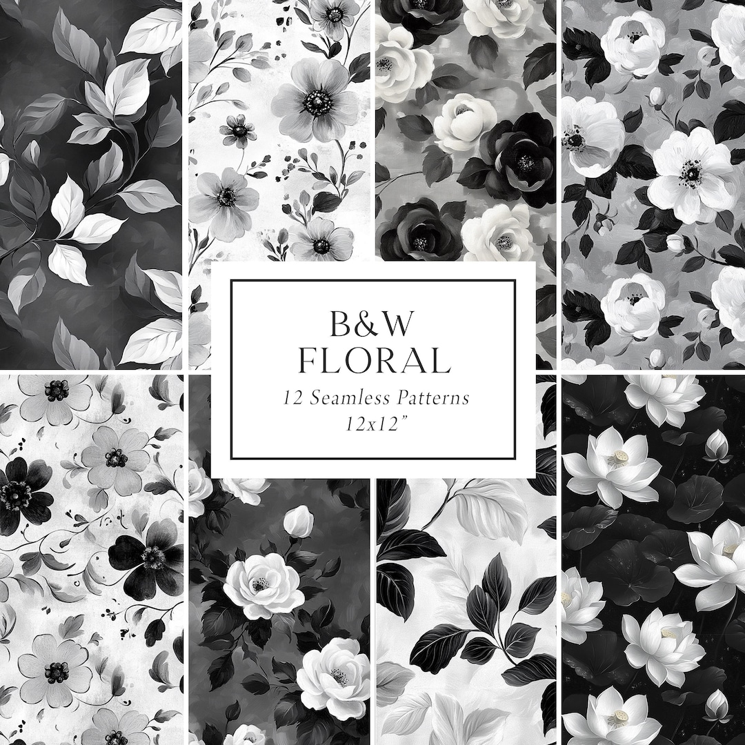 Black and White Digital Papers, Black and White Floral Seamless ...