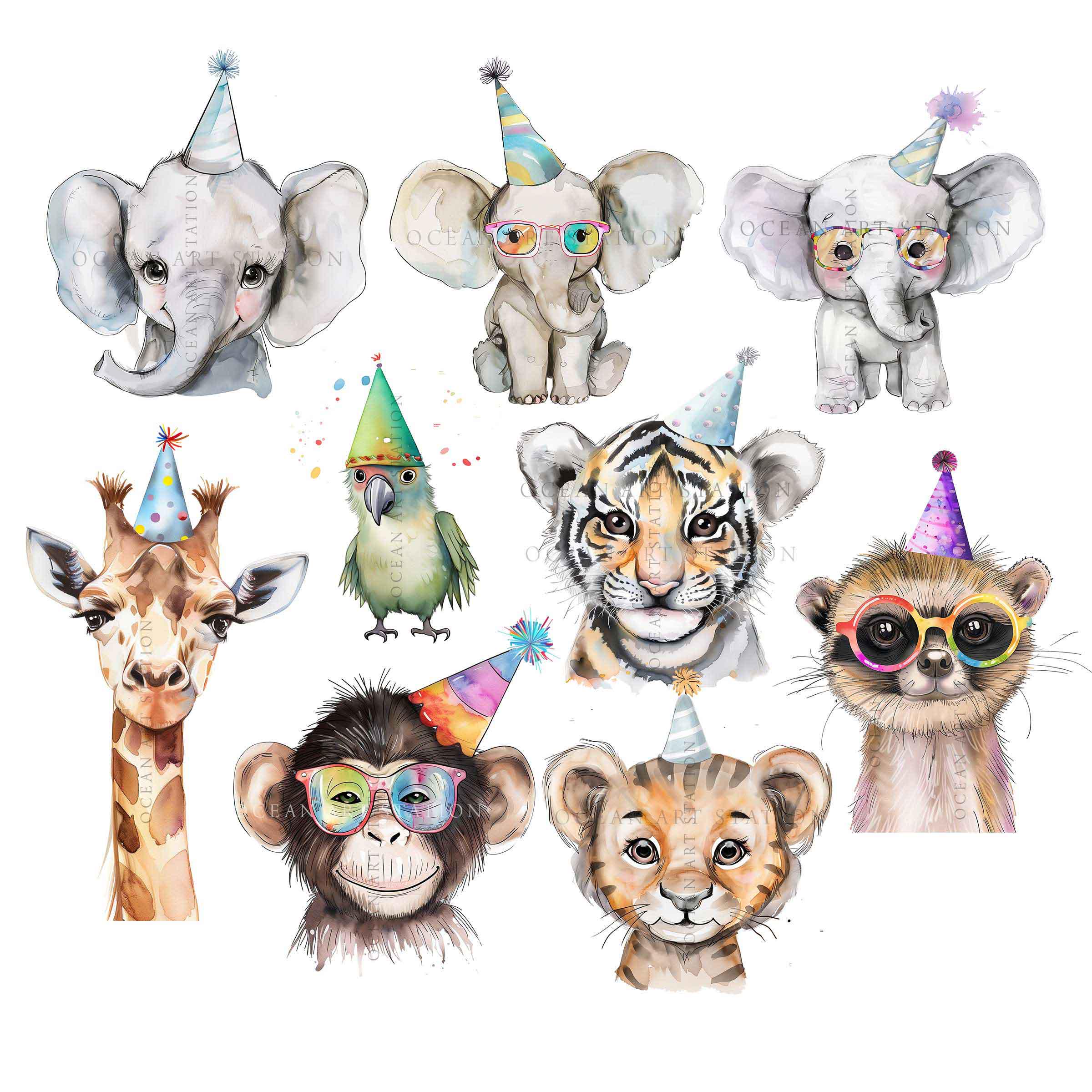 Party Animals Clipart, Safari Animals Clipart, Cute Birthday Animals ...