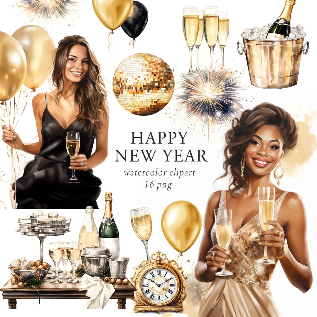 New Years Clipart Watercolor, Commercial Use, Black and Gold New Year ...